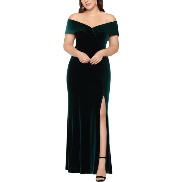 Xscape | Dresses | Xscape Womens Green Velvet Offtheshoulder Evening ...